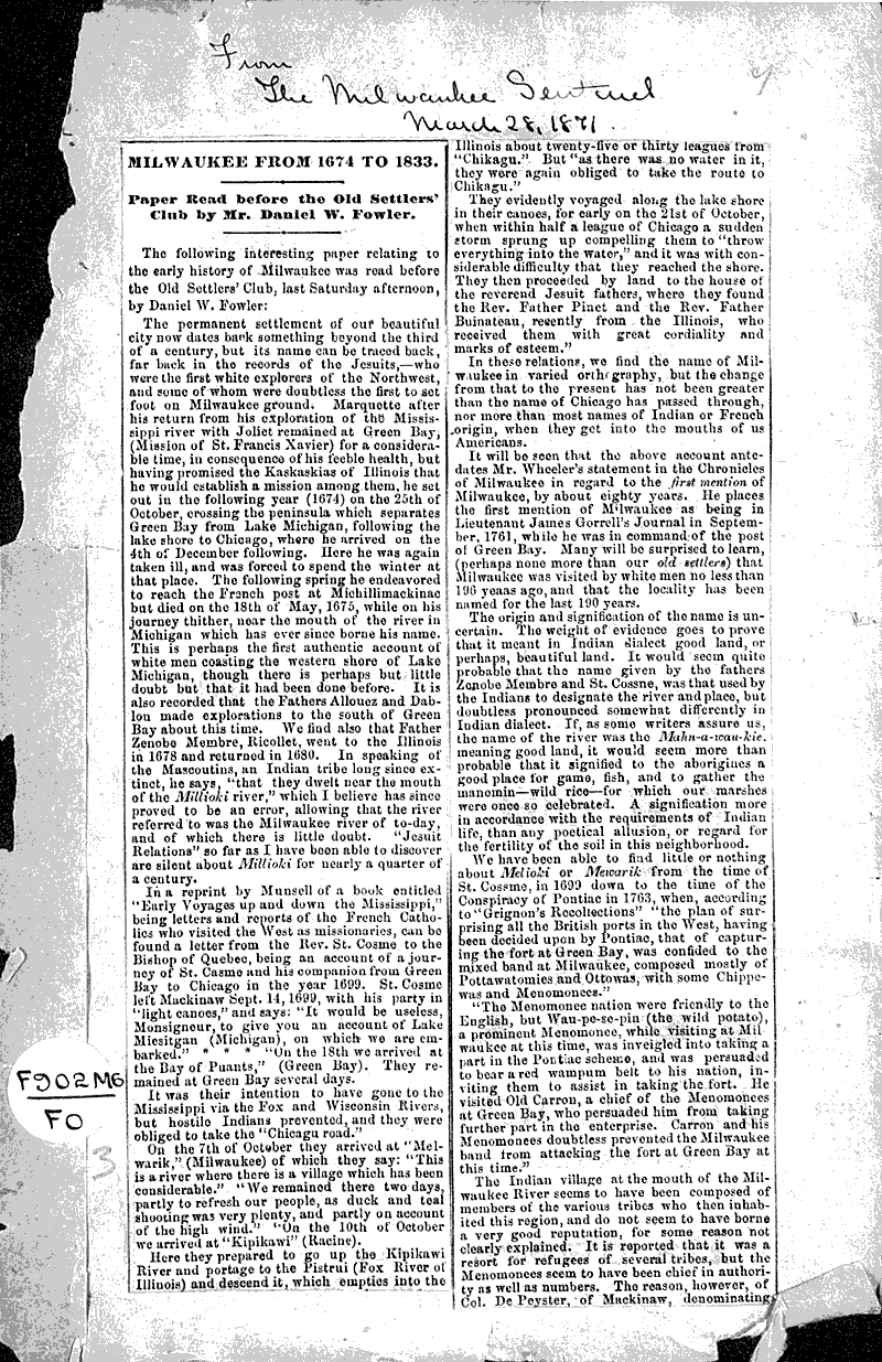 Milwaukee from 1674 to 1833 | Newspaper Article/Clipping | Wisconsin ...