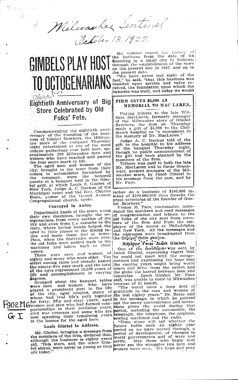 Gimbels play host to octogenarians | Newspaper Article/Clipping ...