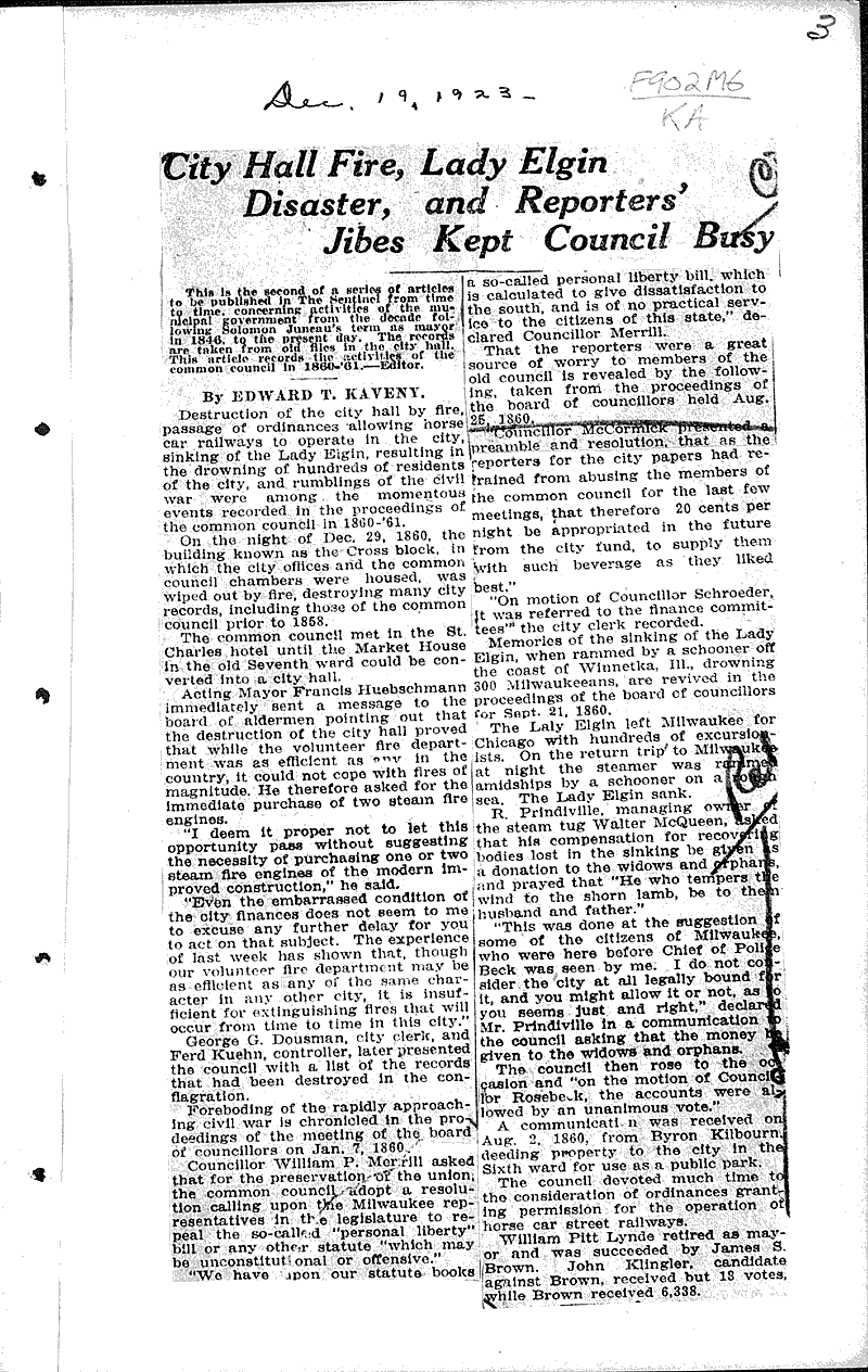 City hall fire, Lady Elgin disaster, and reporters' jibes kept council ...