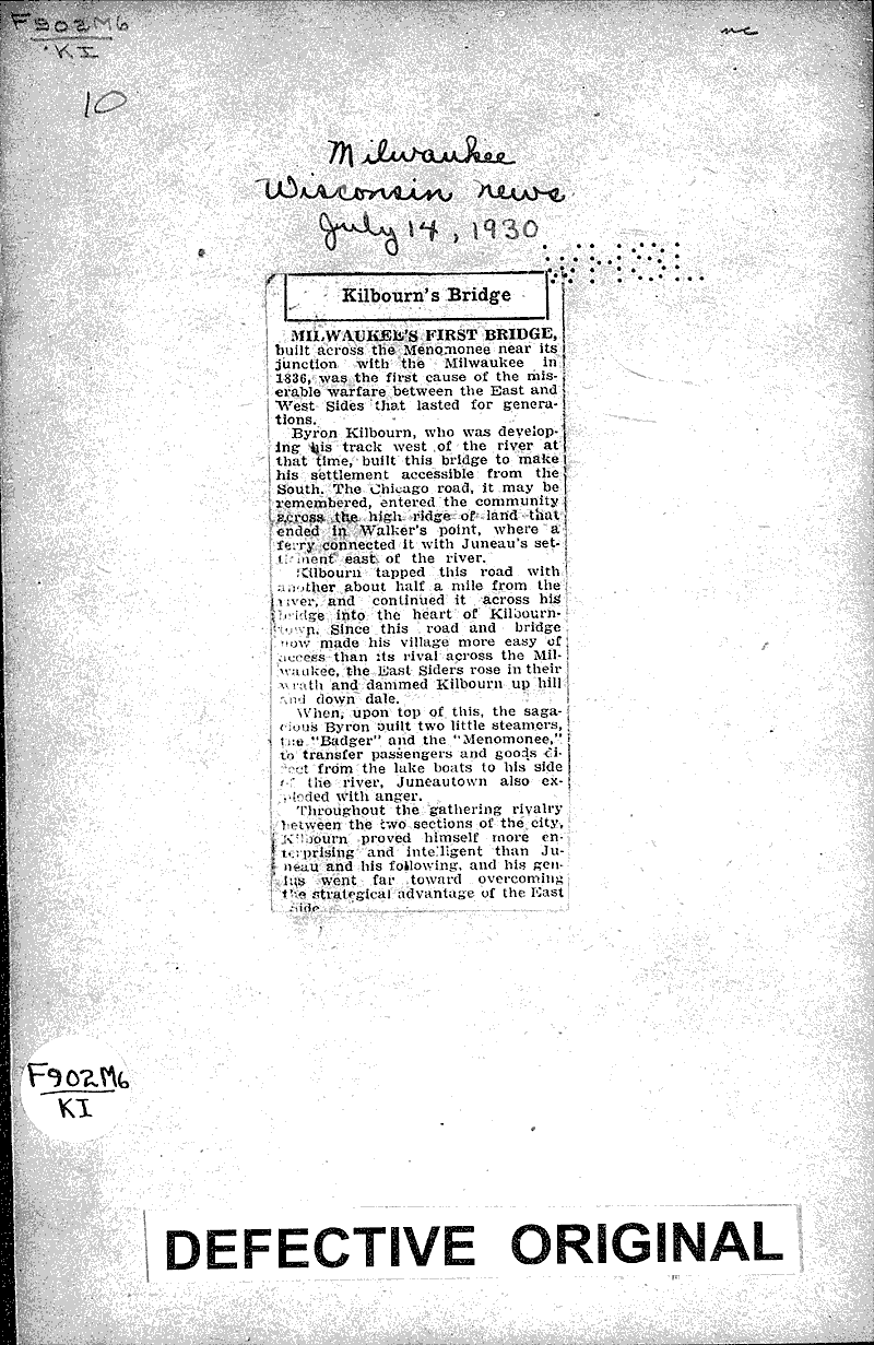 Kilbourn's bridge | Newspaper Article/Clipping | Wisconsin Historical ...