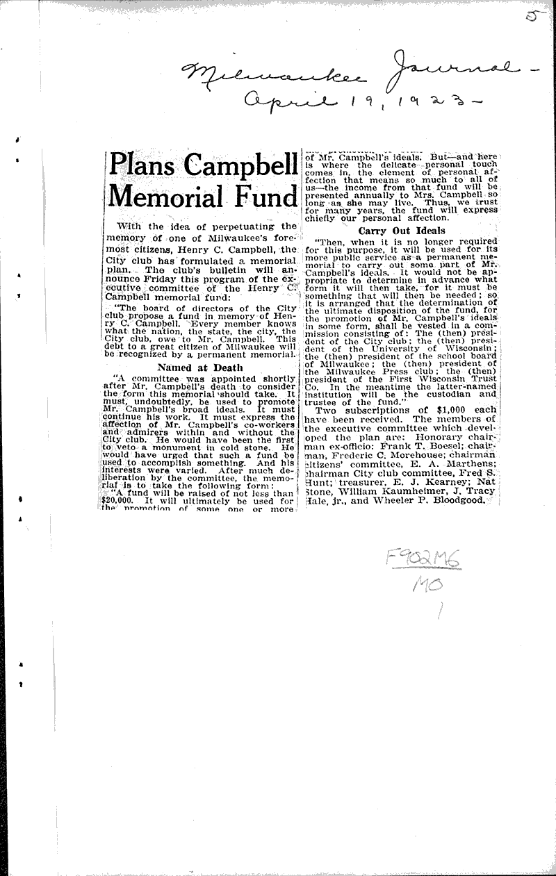 Plans Campbell Memorial fund | Newspaper Article/Clipping | Wisconsin ...