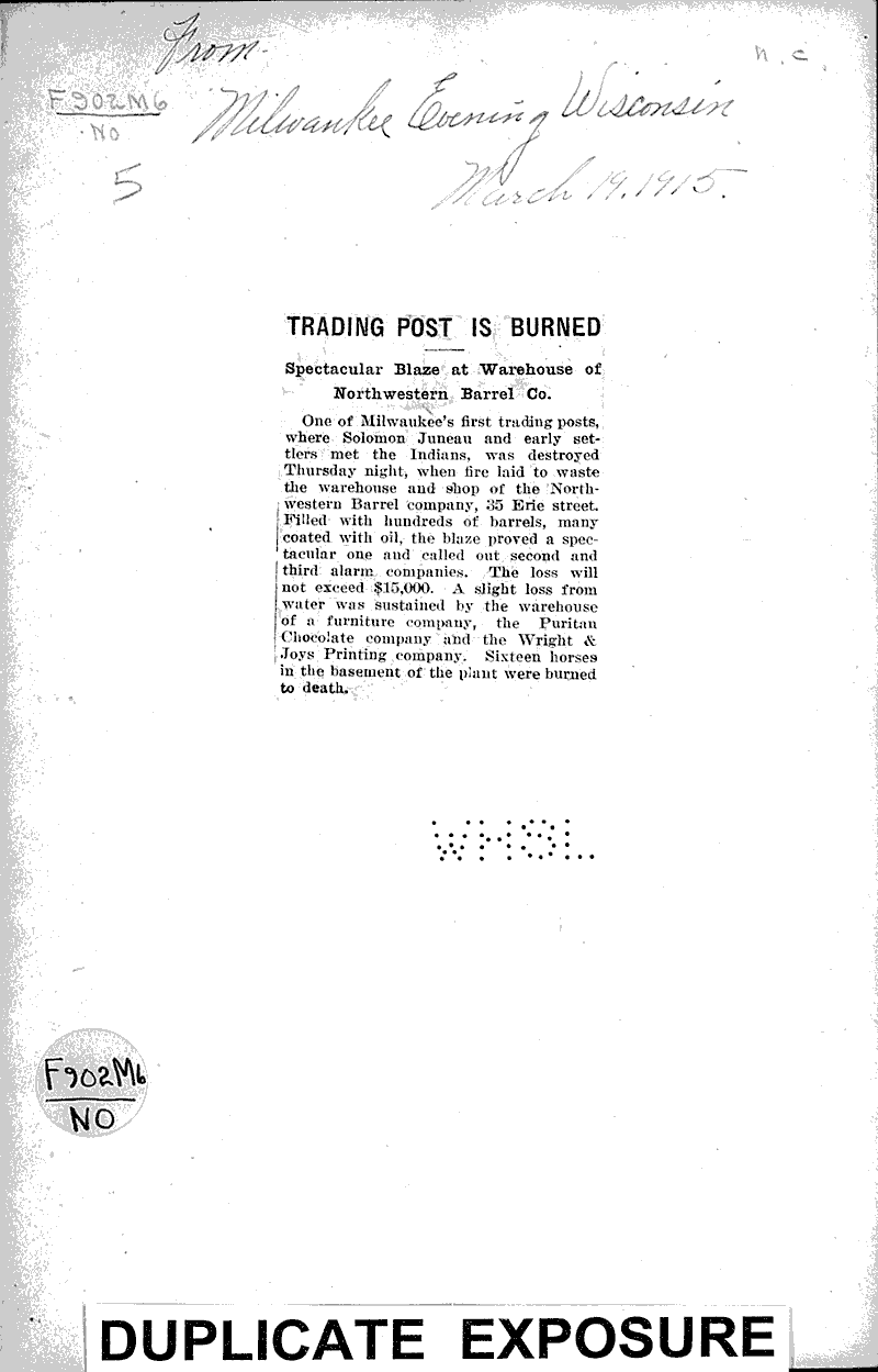 Trading post is burned | Newspaper Article/Clipping | Wisconsin ...