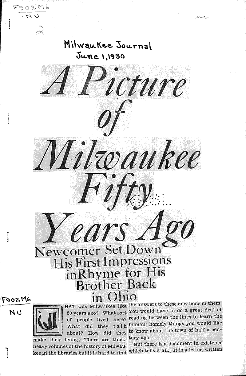 A picture of Milwaukee fifty years ago | Newspaper Article/Clipping ...
