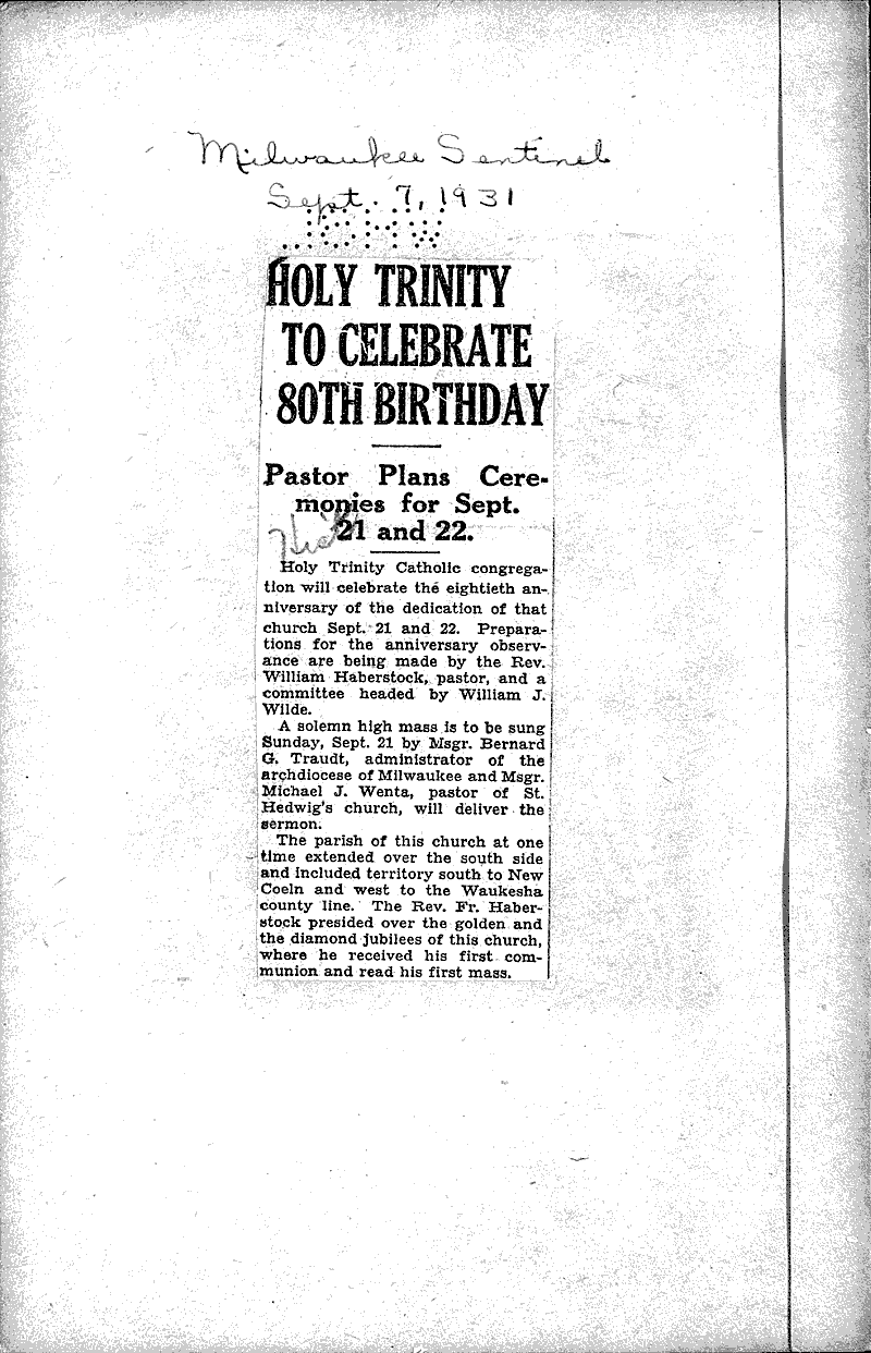 Holy Trinity 80 years old | Newspaper Article/Clipping | Wisconsin ...