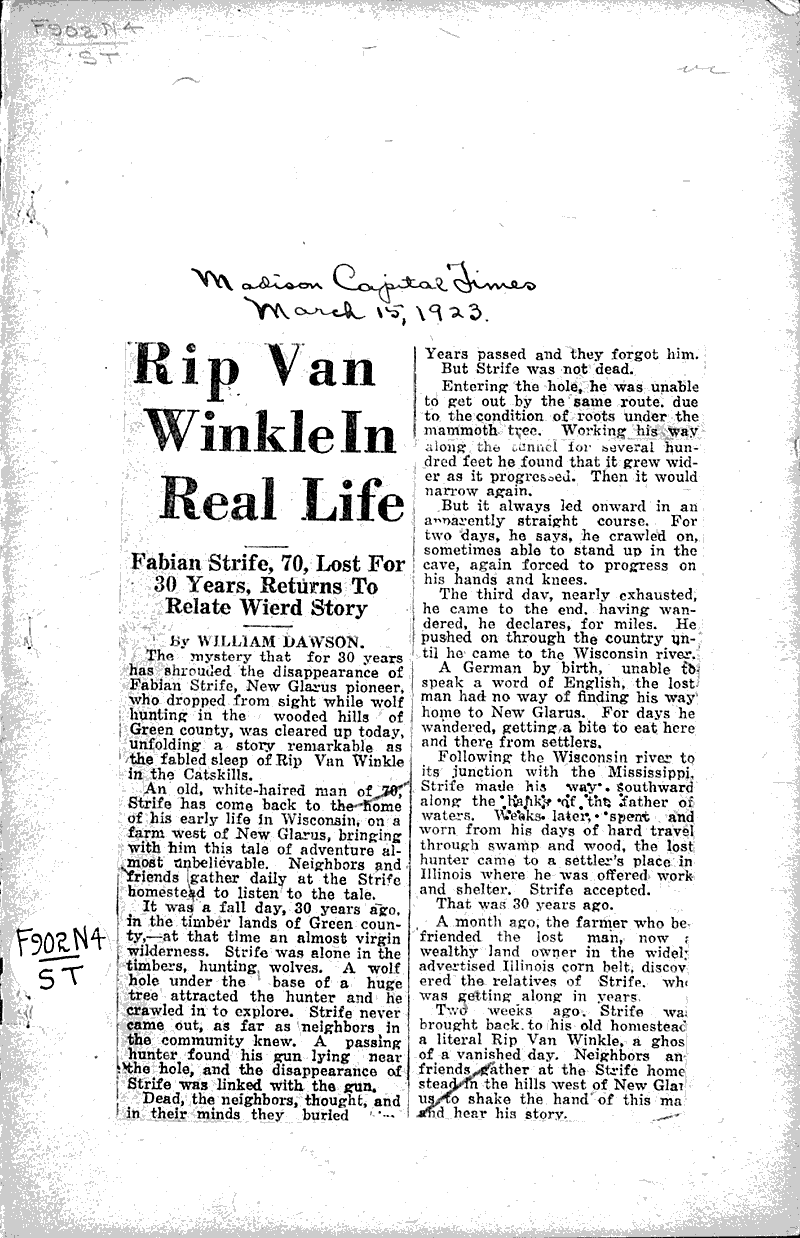 Rip Van Winkle in real life | Newspaper Article/Clipping | Wisconsin ...