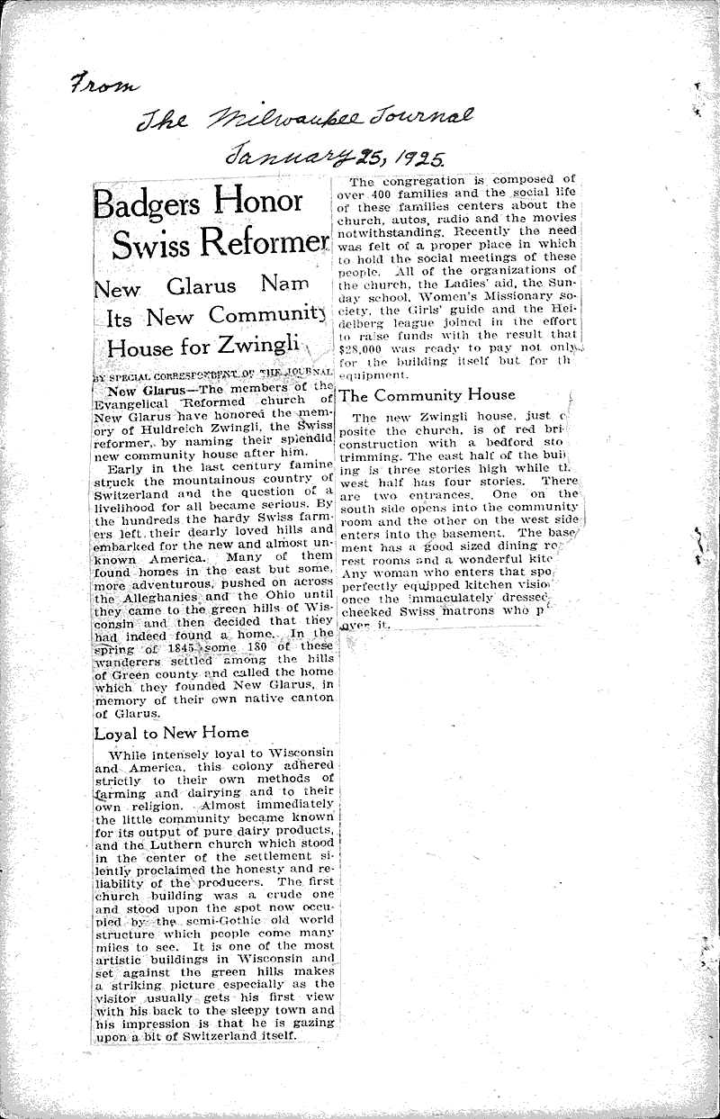 Badgers honor Swiss reformer | Newspaper Article/Clipping | Wisconsin ...