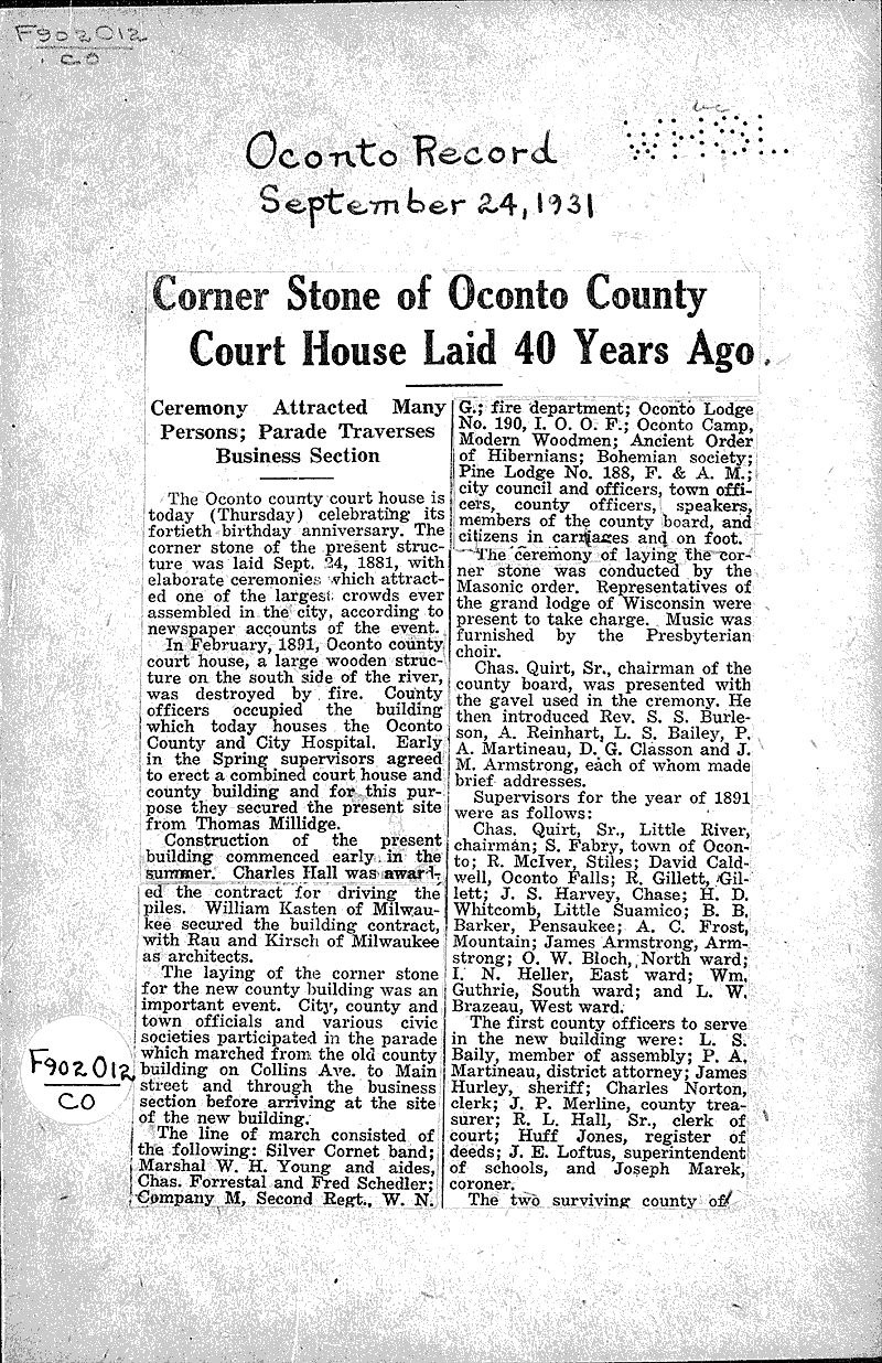 Corner Stone of Oconto County court house laid 40 years ago | Newspaper ...