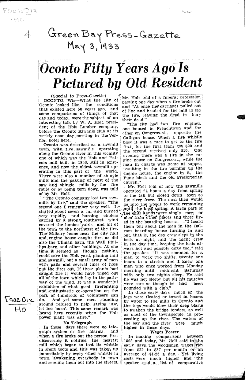 Oconto fifty years ago is pictured by resident | Newspaper Article ...