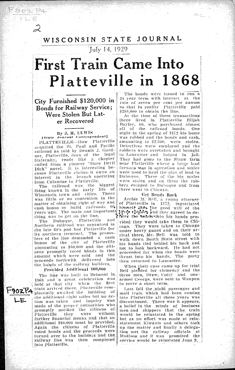 First train came into Platteville in 1868 | Newspaper Article/Clipping ...