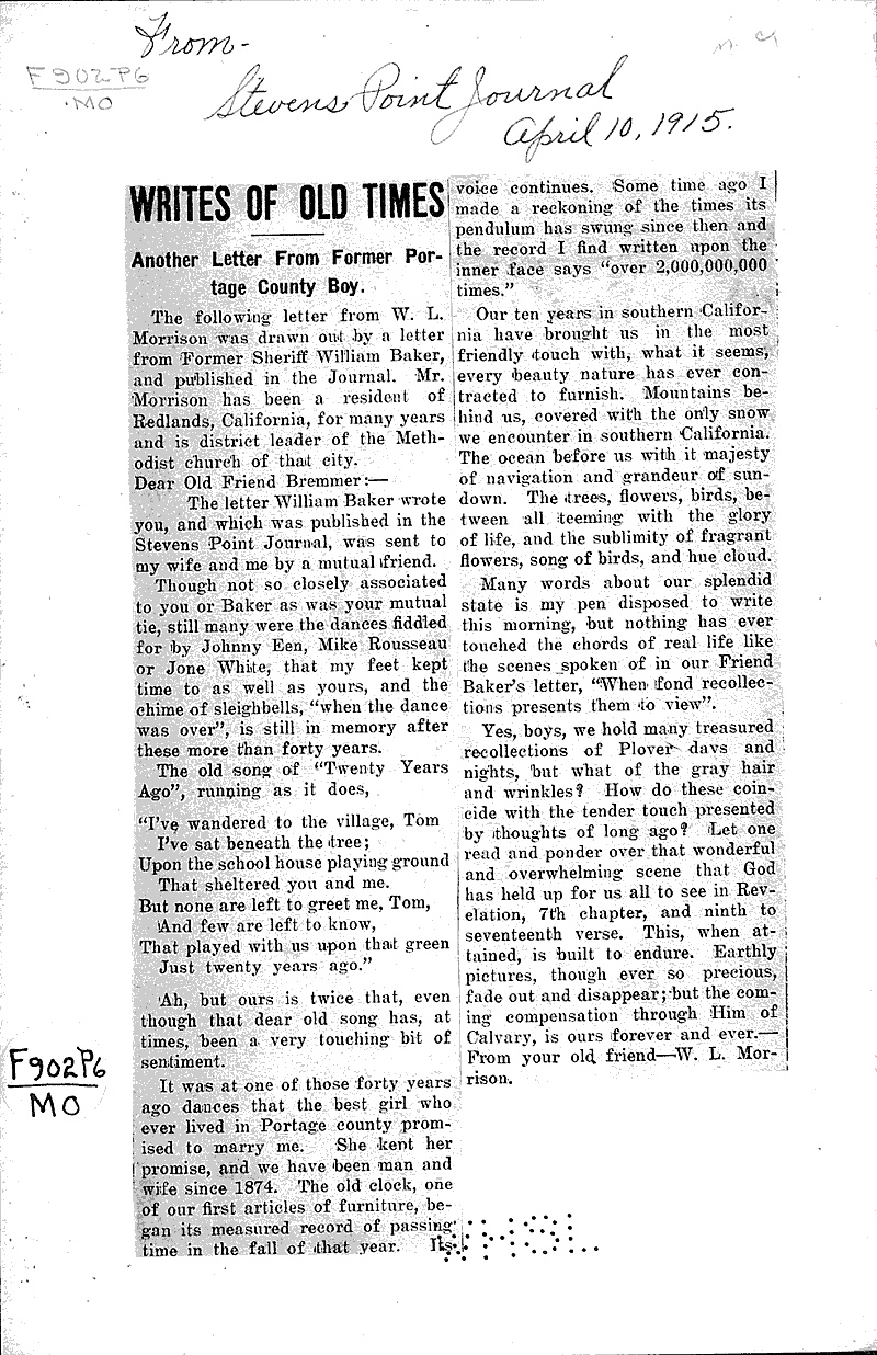 Writes of old times | Newspaper Article/Clipping | Wisconsin Historical ...