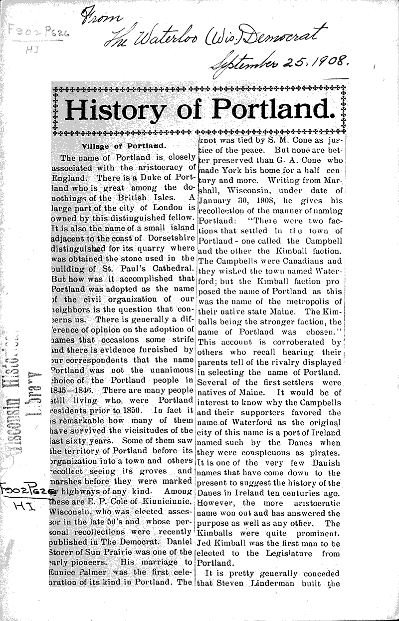 History of Portland | Newspaper Article/Clipping | Wisconsin Historical ...
