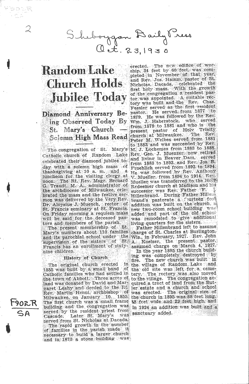 Random Lake church holds jubilee today | Newspaper Article/Clipping ...