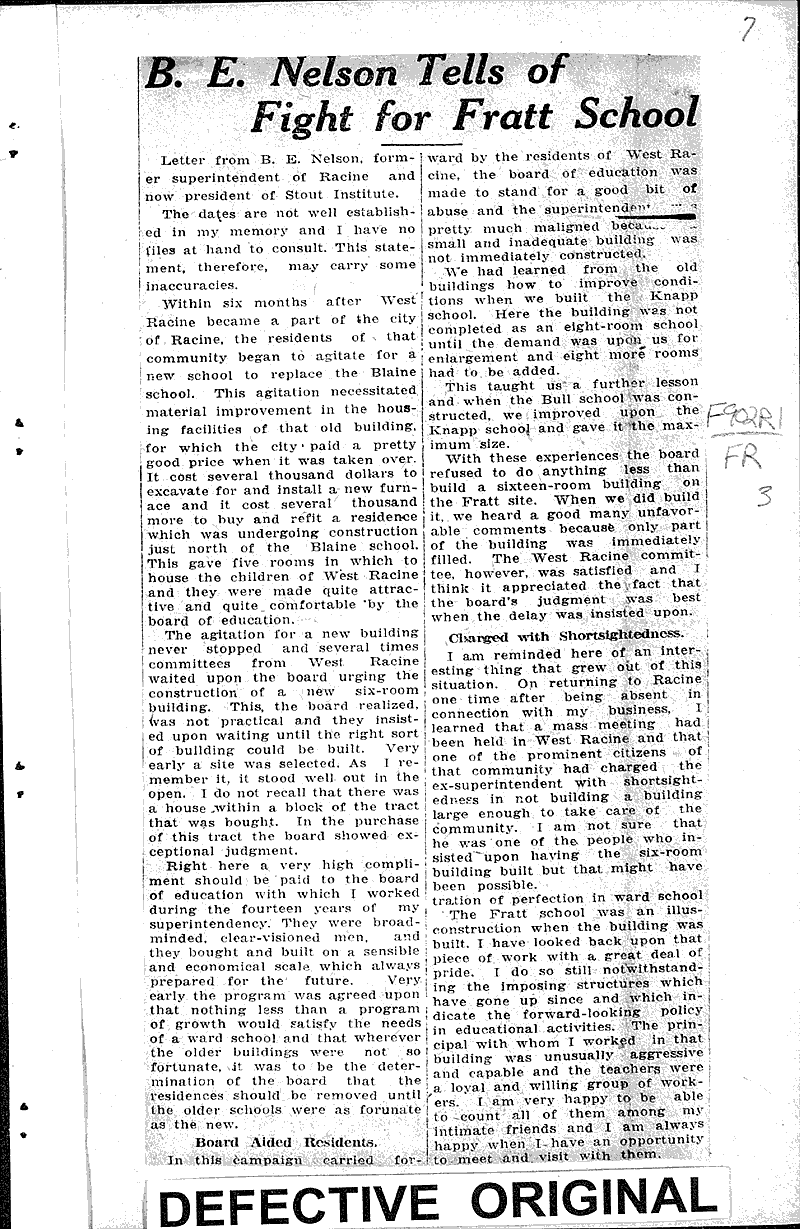 B. E. Nelson tells of fight for Fratt School | Newspaper Article ...