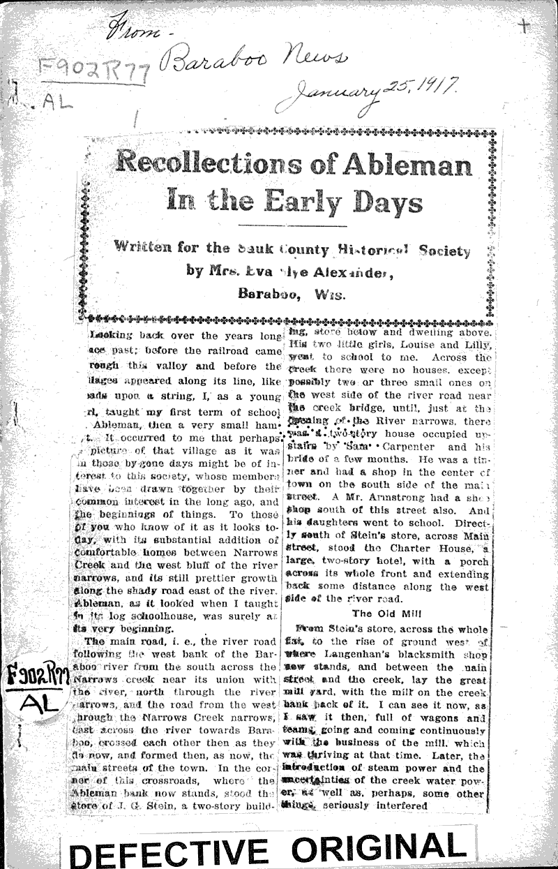 Recollections of Ableman in the early days | Newspaper Article/Clipping ...