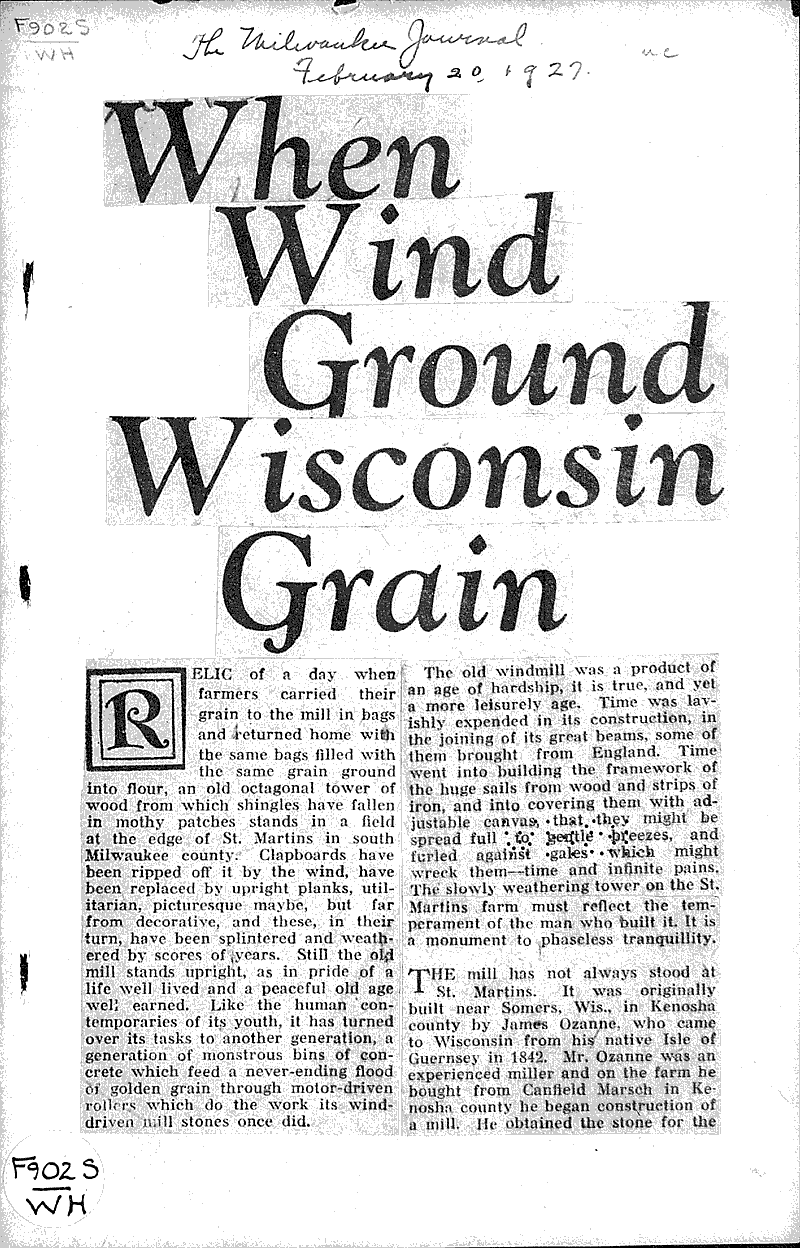 When wind ground Wisconsin grain | Newspaper Article/Clipping ...