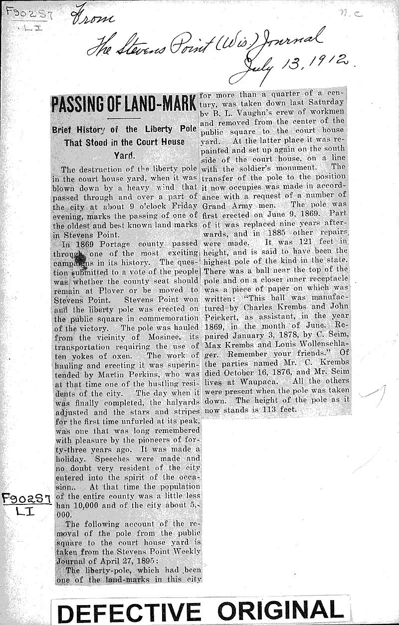 Passing of land-mark | Newspaper Article/Clipping | Wisconsin ...