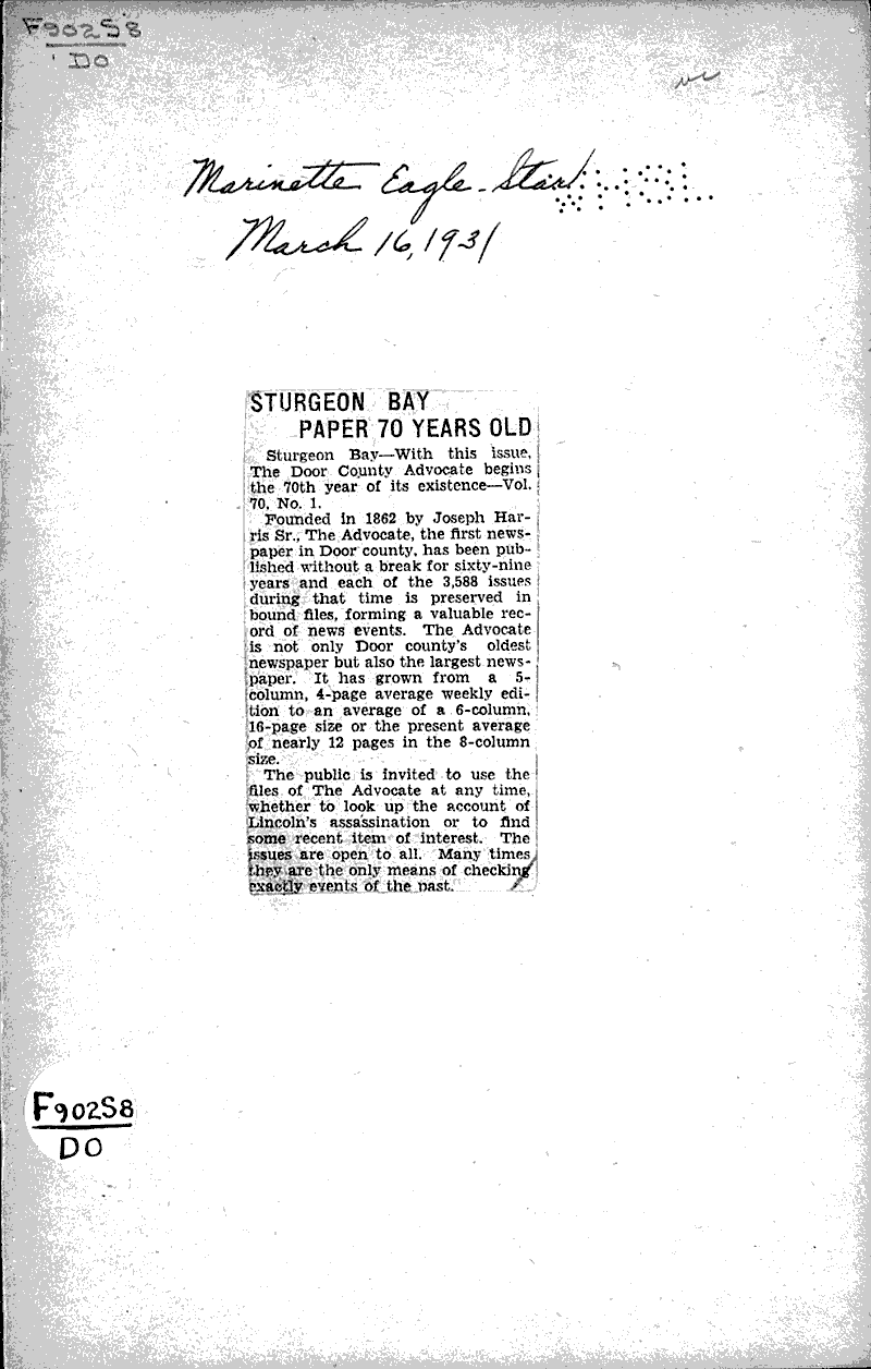 Sturgeon Bay paper 70 years old | Newspaper Article/Clipping ...