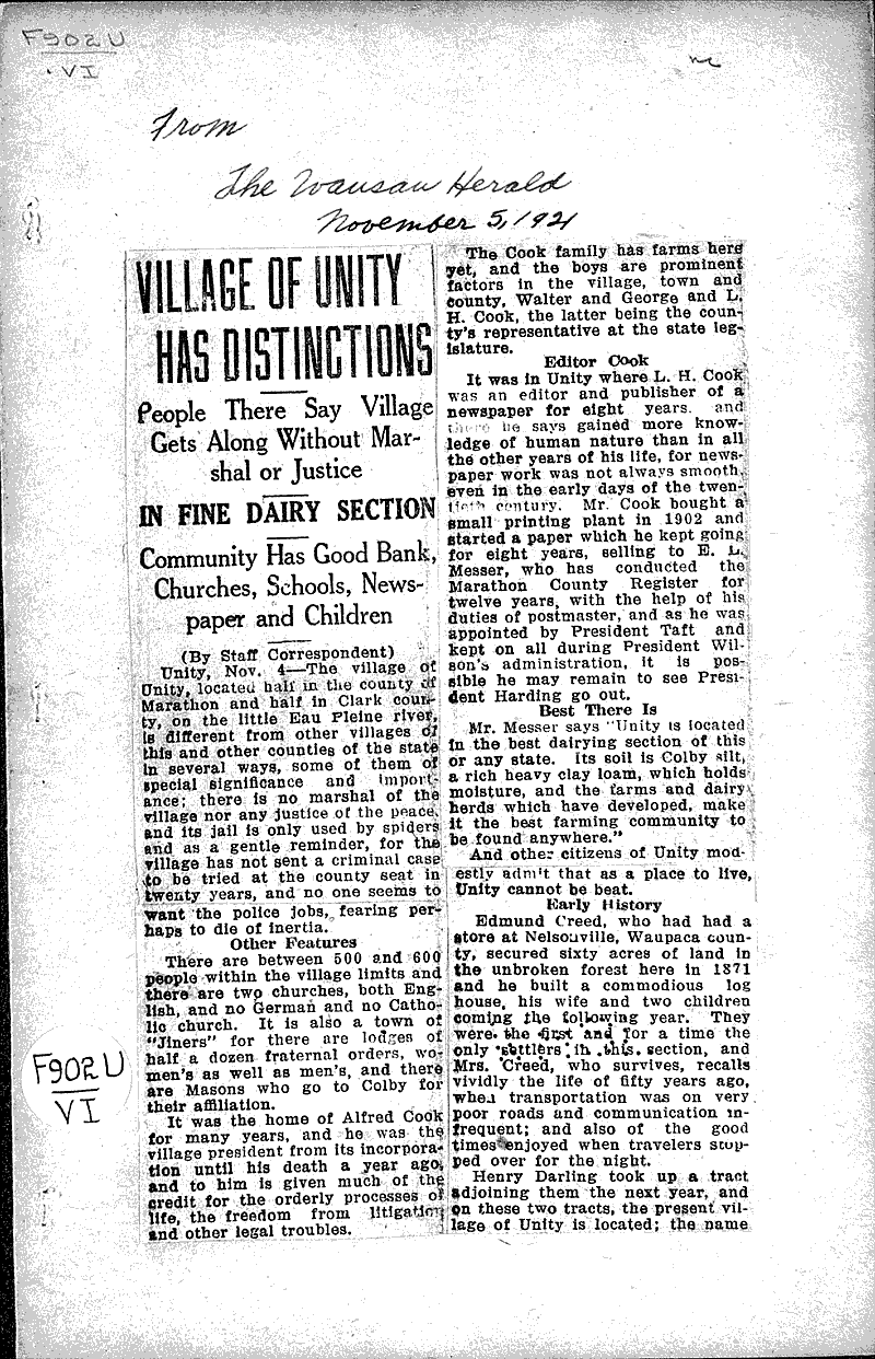 Village of Unity has distinctions | Newspaper Article/Clipping ...
