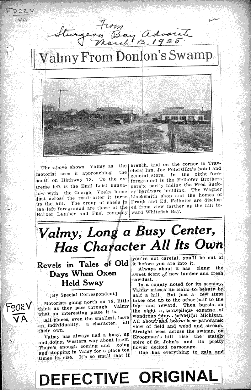 Valmy from Donlon's swamp | Newspaper Article/Clipping | Wisconsin ...