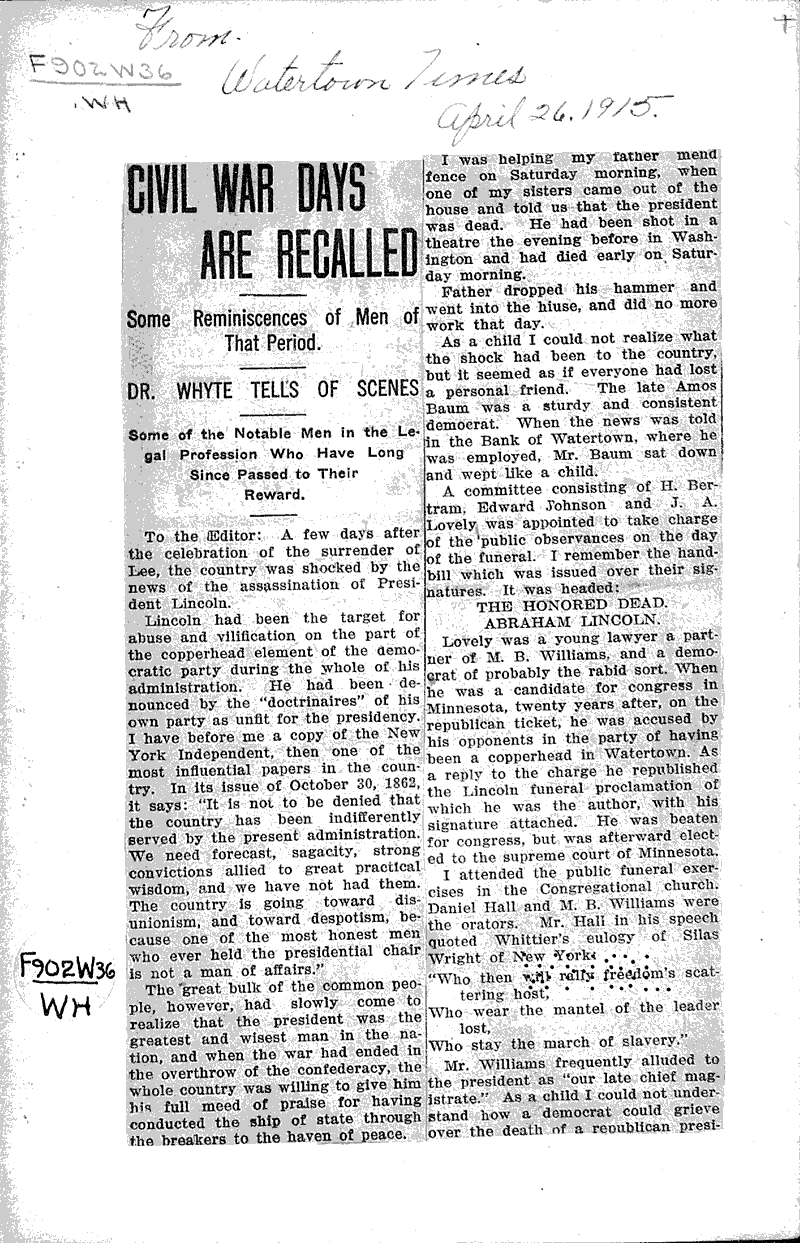 Civil war days are recalled | Newspaper Article/Clipping | Wisconsin ...