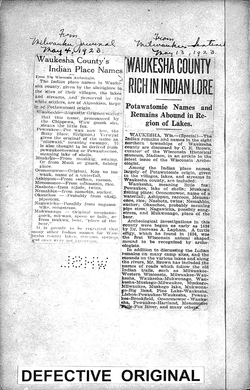 Waukesha County's indian place names | Newspaper Article/Clipping ...