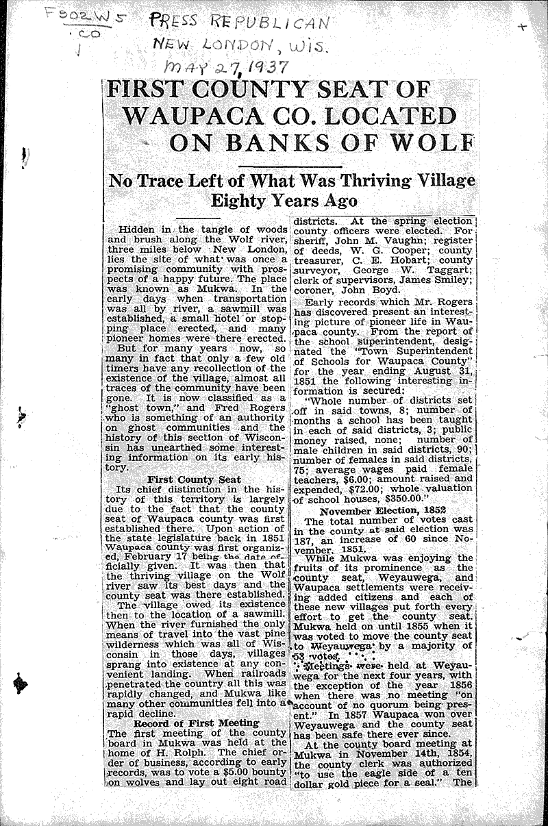 First county seat of Waupaca Co. located on banks of Wolf | Newspaper ...