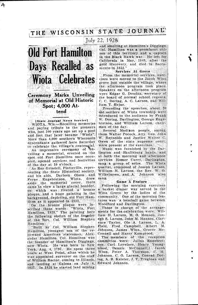 Old Fort Hamilton days recalled as Wiota celebrates | Newspaper Article ...