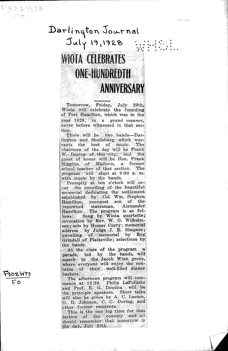 Wiota celebrates one-hundredth anniversary | Newspaper Article/Clipping ...