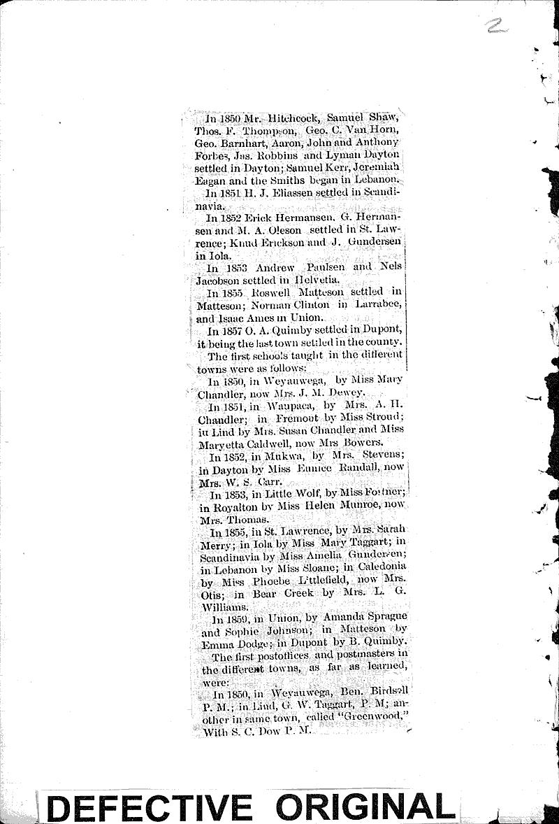 Early settlement of Waupaca county | Newspaper Article/Clipping ...