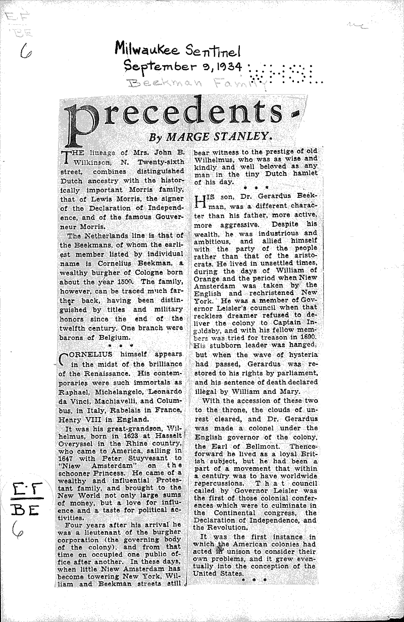Precedents: Beekman family | Newspaper Article/Clipping | Wisconsin ...