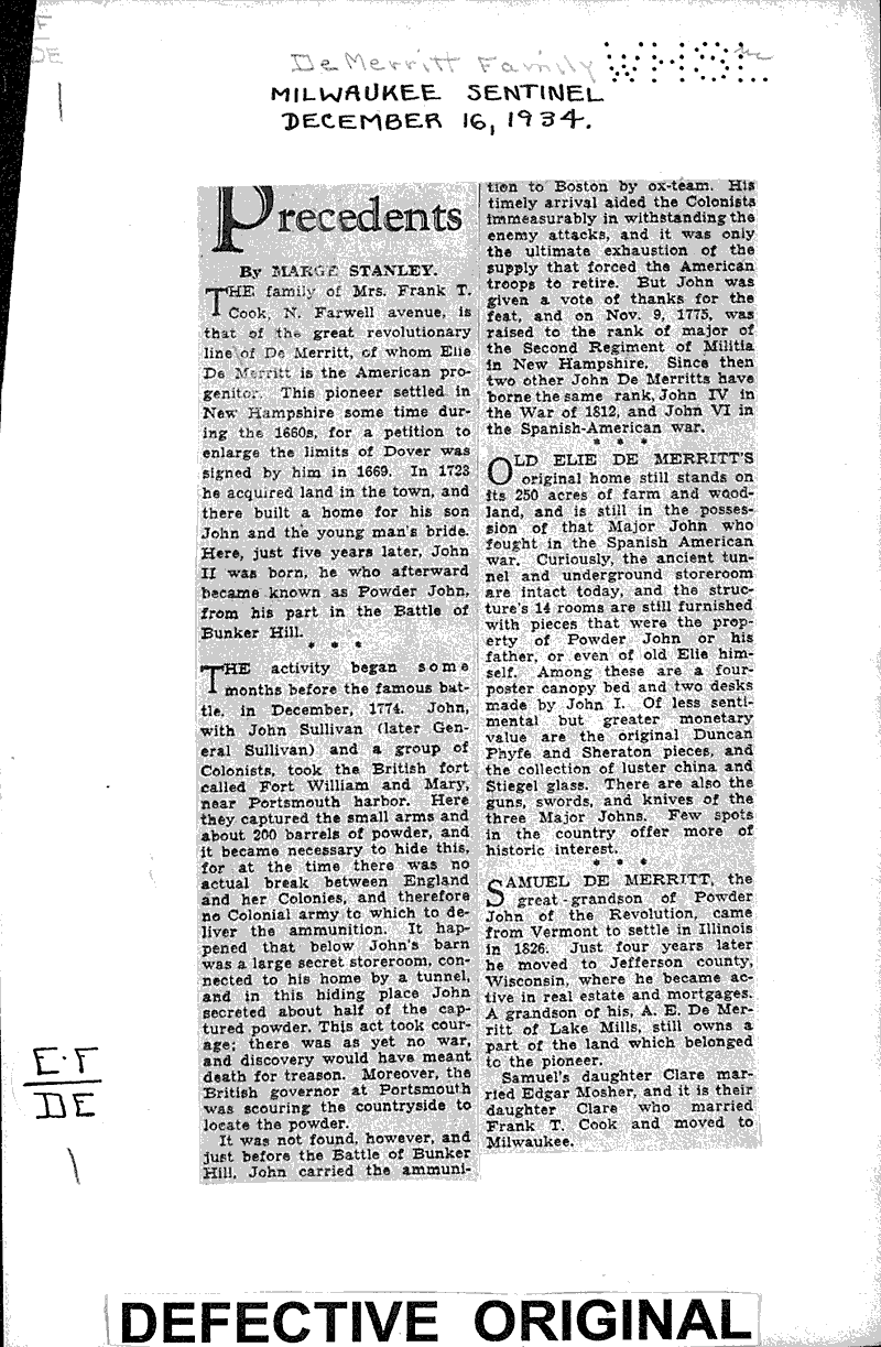 Precedents: De Merritt family | Newspaper Article/Clipping | Wisconsin ...