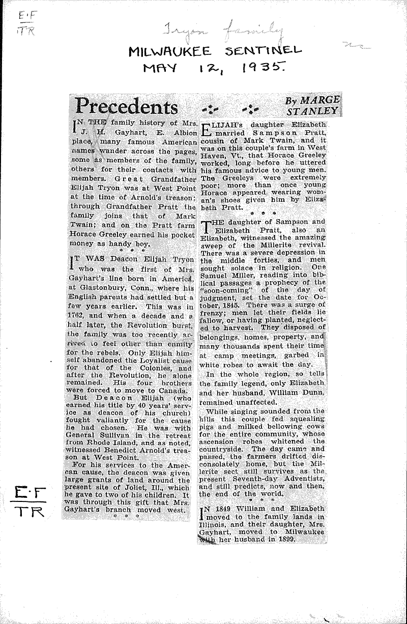 Precedents: Tryon family | Newspaper Article/Clipping | Wisconsin ...