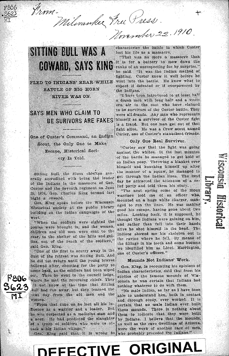 Sitting Bull was a coward, says King | Newspaper Article/Clipping ...