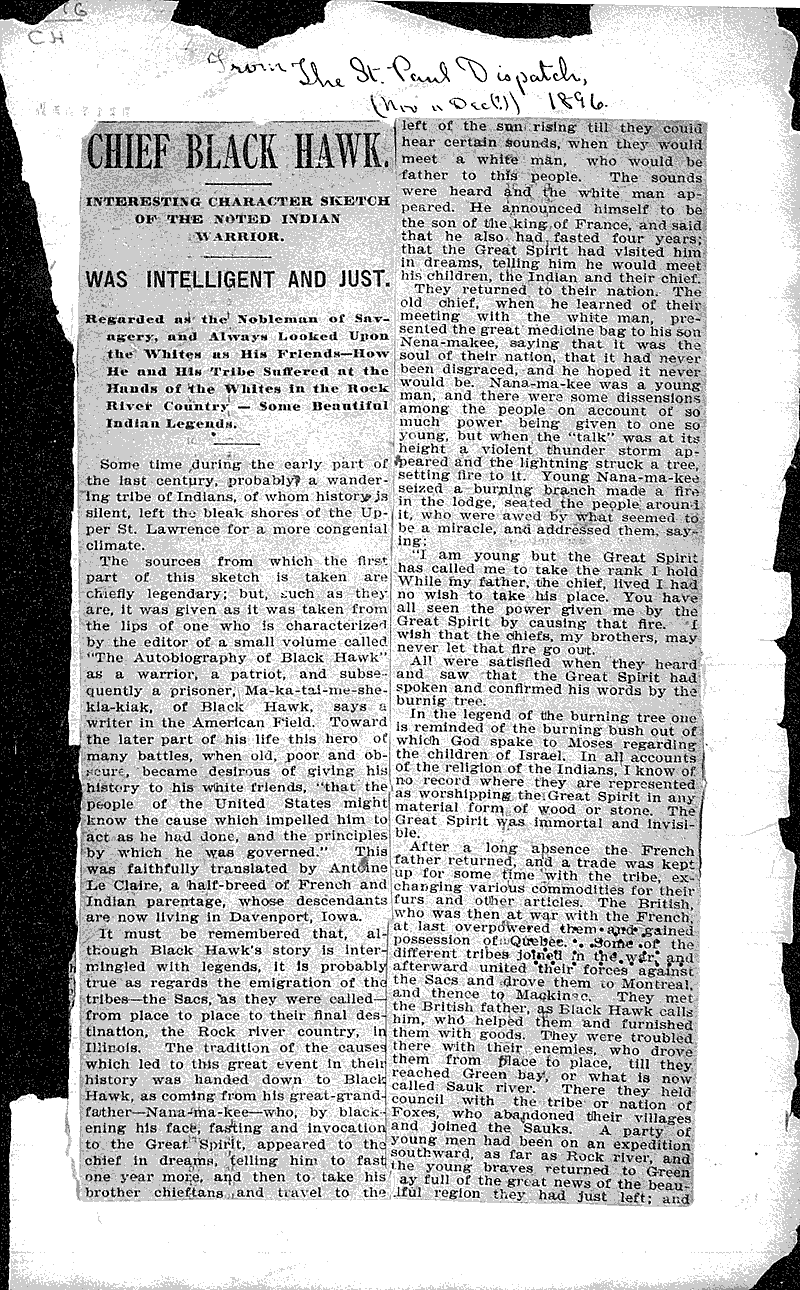 Chief Black Hawk | Newspaper Article/Clipping | Wisconsin Historical ...