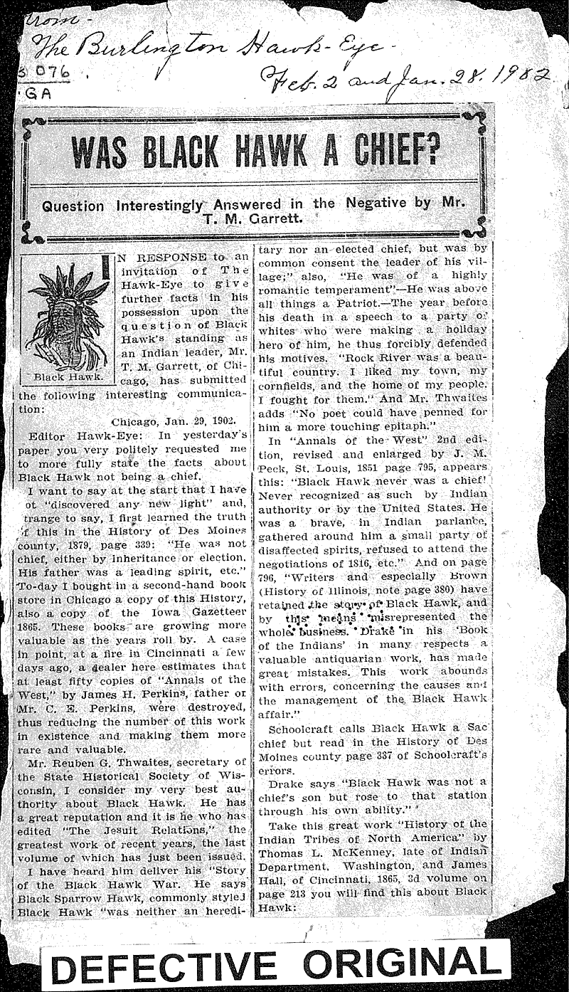 Was Black Hawk a Chief? | Newspaper Article/Clipping | Wisconsin ...