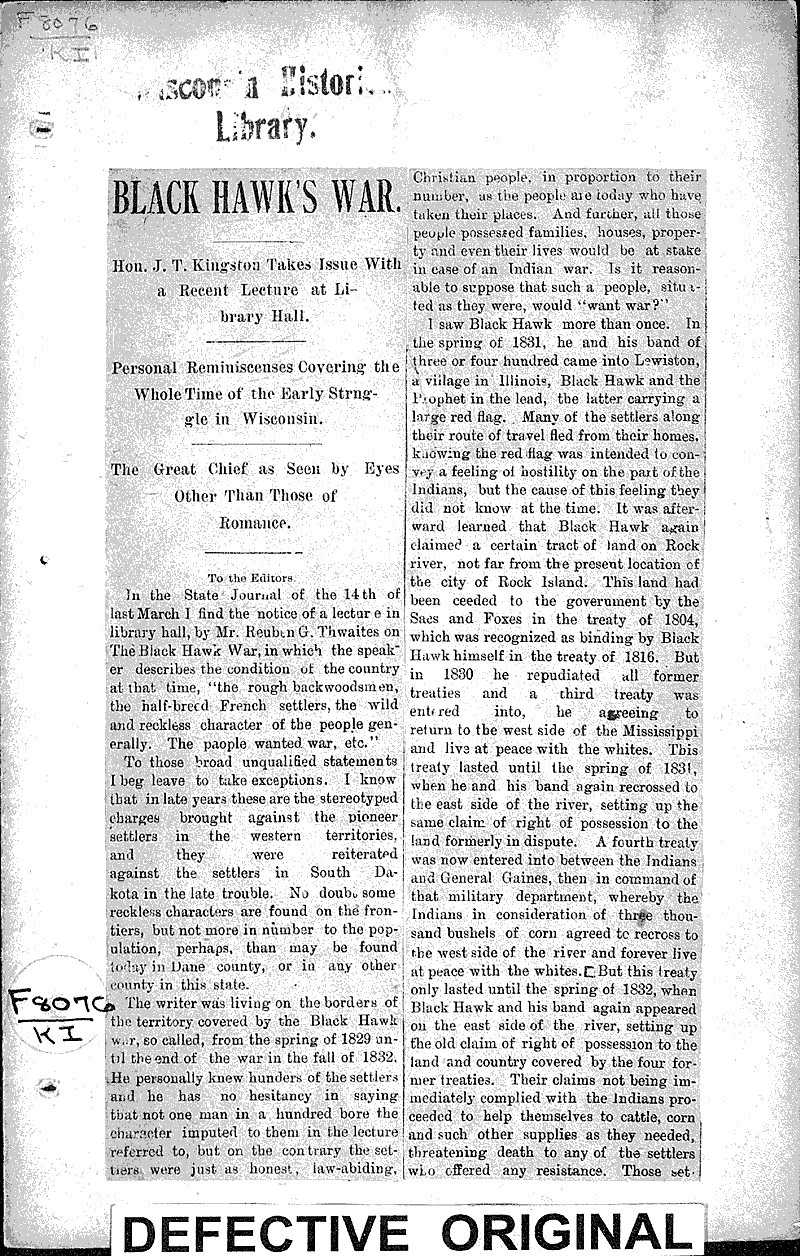 Black Hawk's War | Newspaper Article/Clipping | Wisconsin Historical ...
