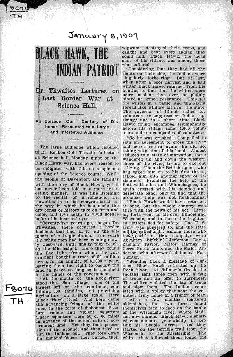 Black Hawk, the Indian patrior | Newspaper Article/Clipping | Wisconsin ...