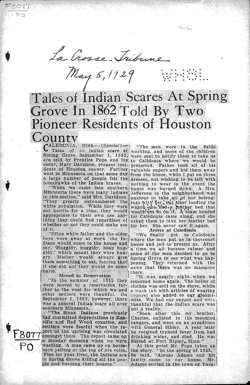Tales of Indian scares at Spring Grove in 1862 told by two pioneer ...