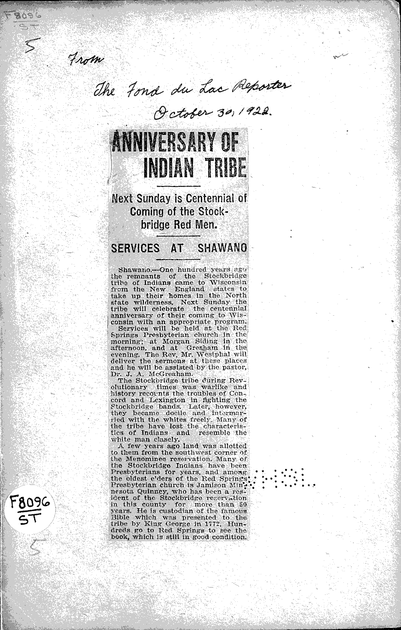 Anniversary of Indian Tribe | Newspaper Article/Clipping | Wisconsin ...