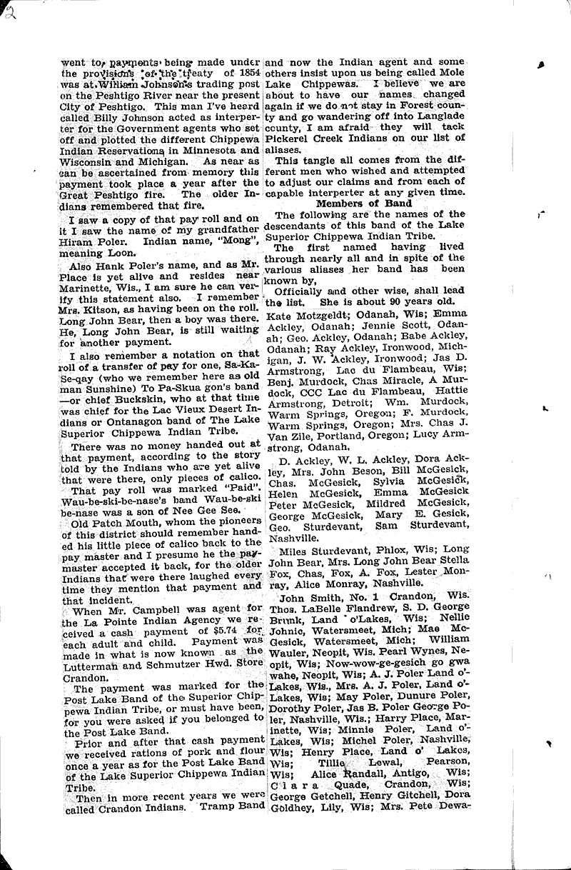 Compile valuable facts on Mole Lake Chippewa band | Newspaper Article ...