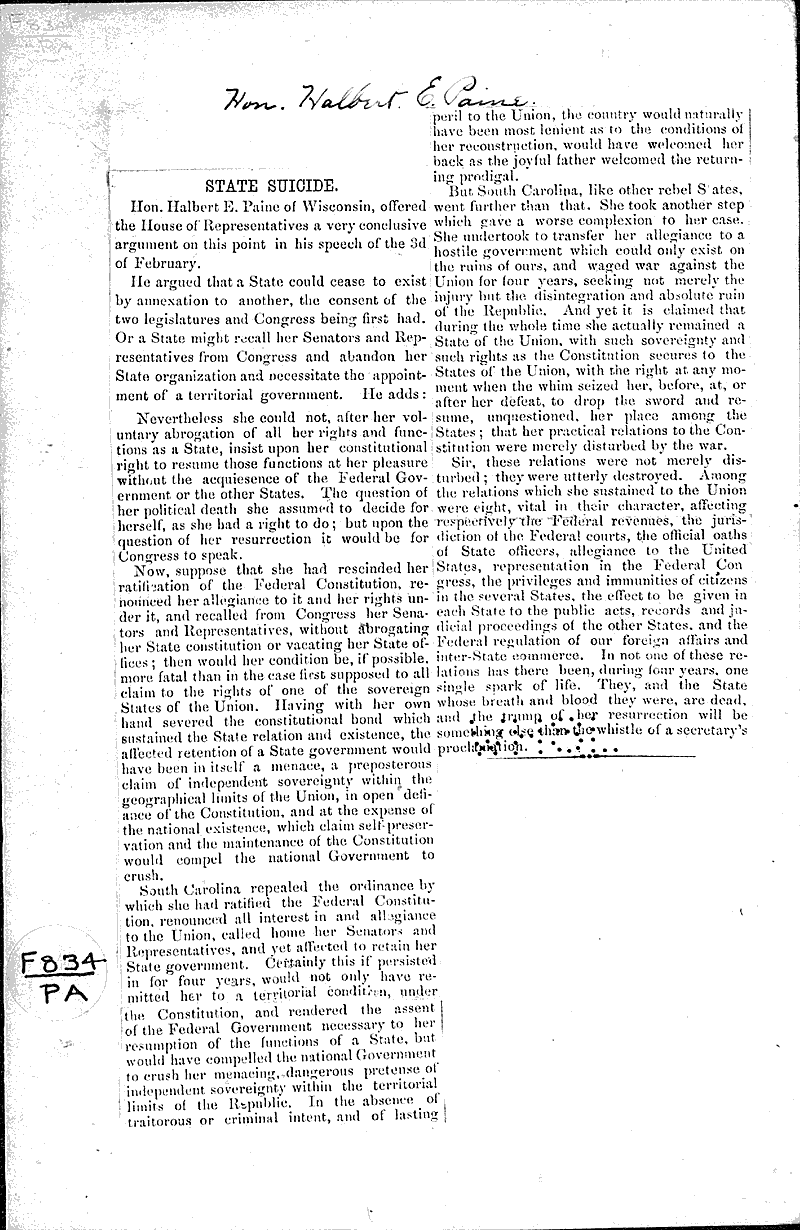 [Halbert E. Paine's speech] | Newspaper Article/Clipping | Wisconsin Historical Society