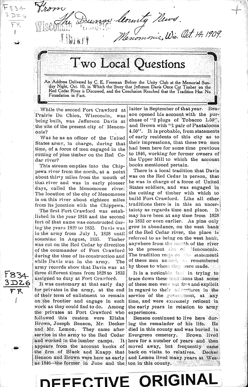 Two local questions | Newspaper Article/Clipping | Wisconsin Historical ...