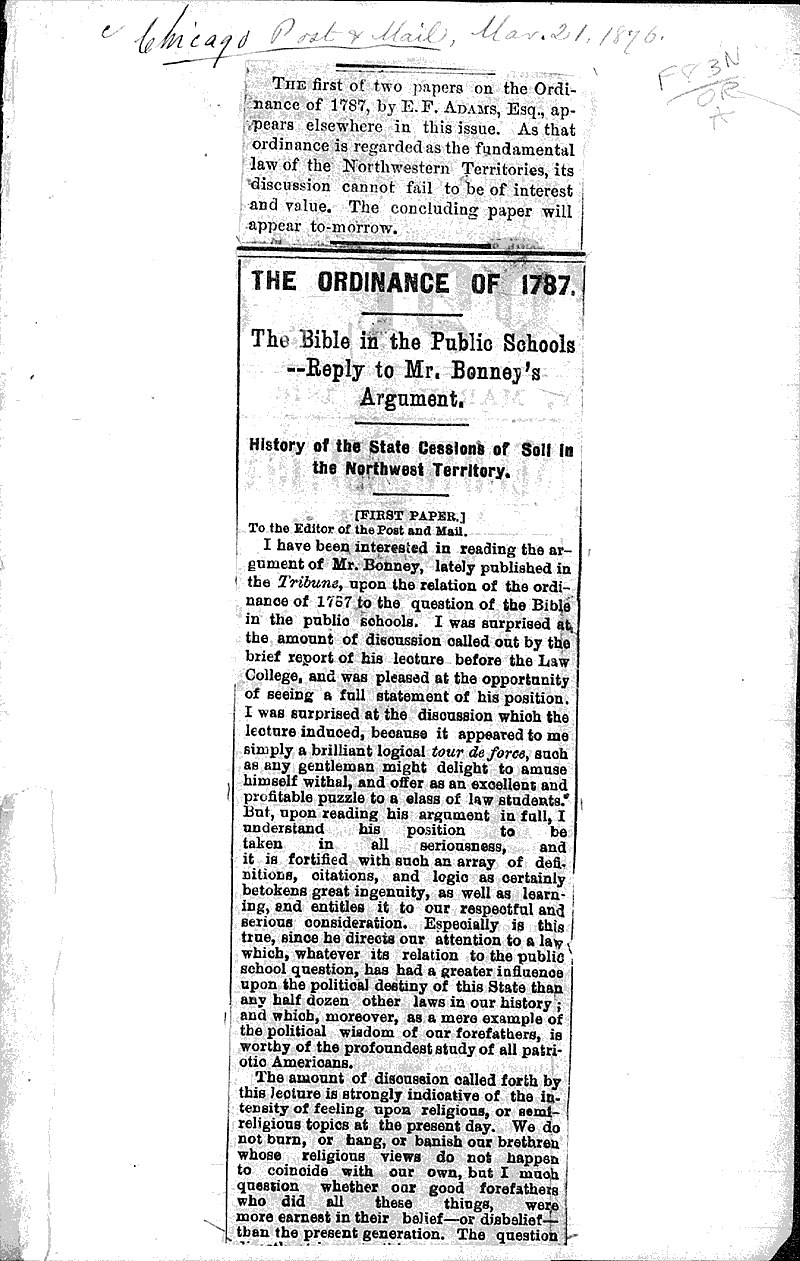 Important letter. Ordinance of 1787. | Newspaper Article/Clipping ...