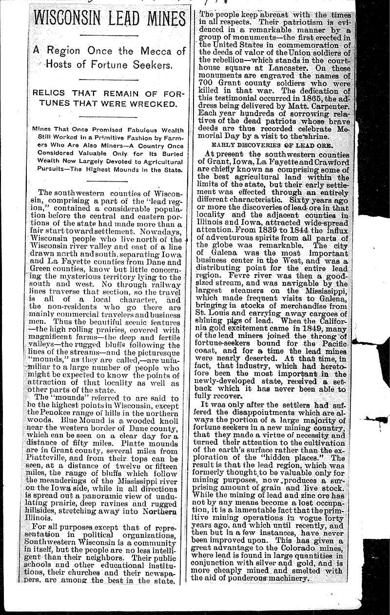 Wisconsin lead mines | Newspaper Article/Clipping | Wisconsin ...