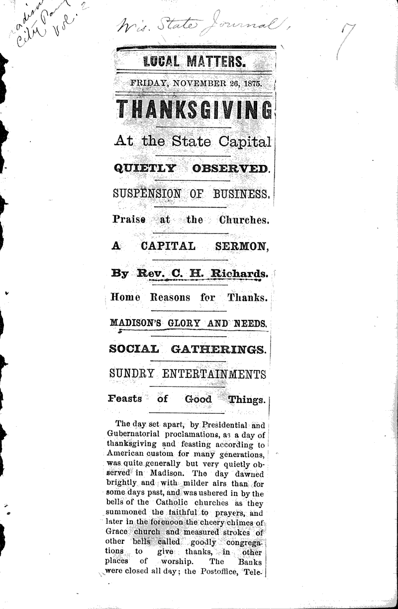 Thanksgiving | Newspaper Article/Clipping | Wisconsin Historical Society